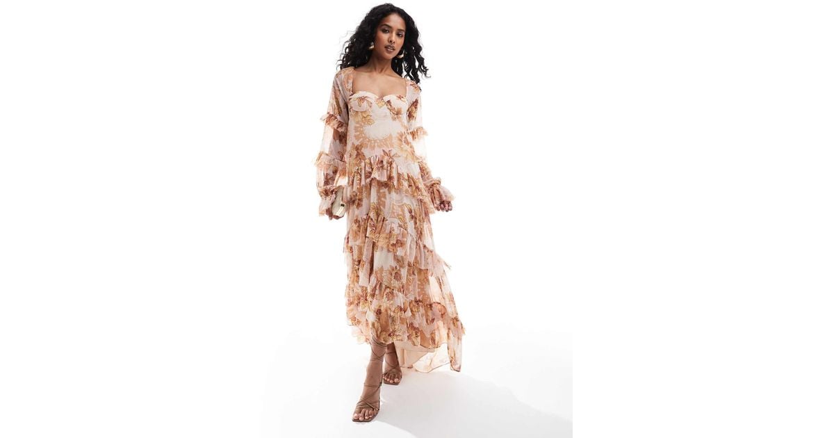ASOS Ruffle Off Shoulder Corset Detail Tiered Maxi Dress With Hi Low ...