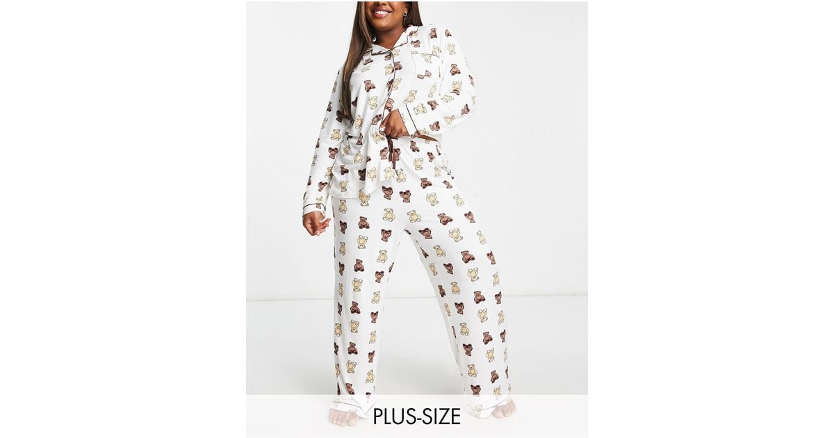 Loungeable Plus Teddy Bear Long Shirt And Pants Pajama Set in White ...