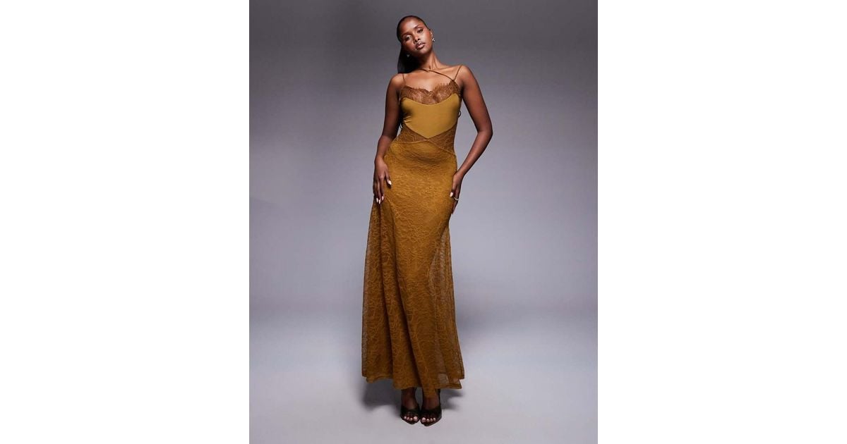ASOS Lace Maxi Dress With Asym Strapping in Brown | Lyst UK