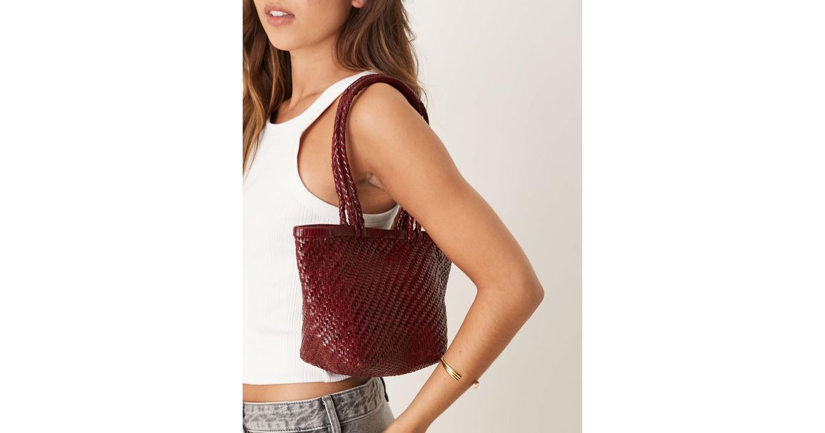 Mango Woven Leather Hand Bag in Red | Lyst