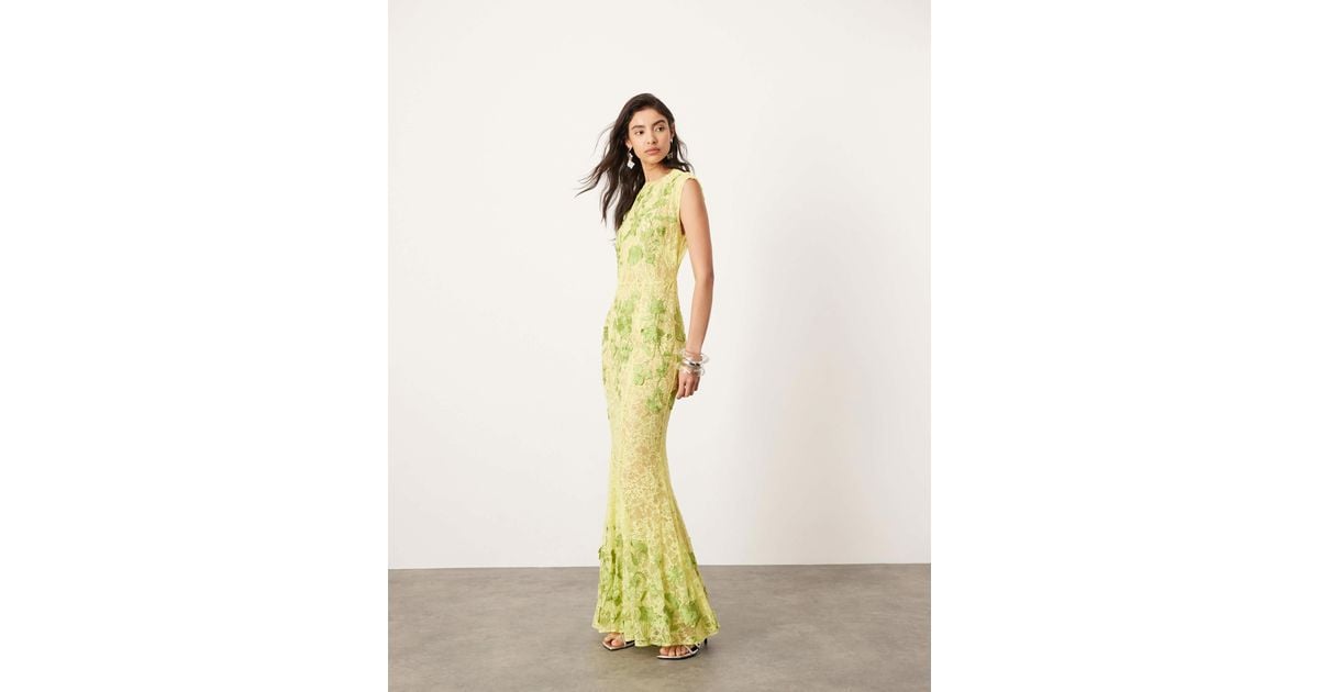 ASOS Sheer Embroidered Floral Lace Open Back Maxi Dress in Green | Lyst