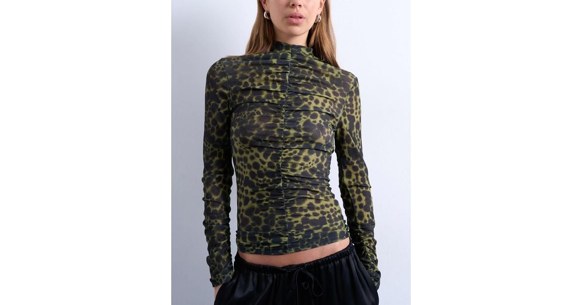 TOPSHOP Animal Spot Print Ruched Long Sleeve Top in Gray | Lyst