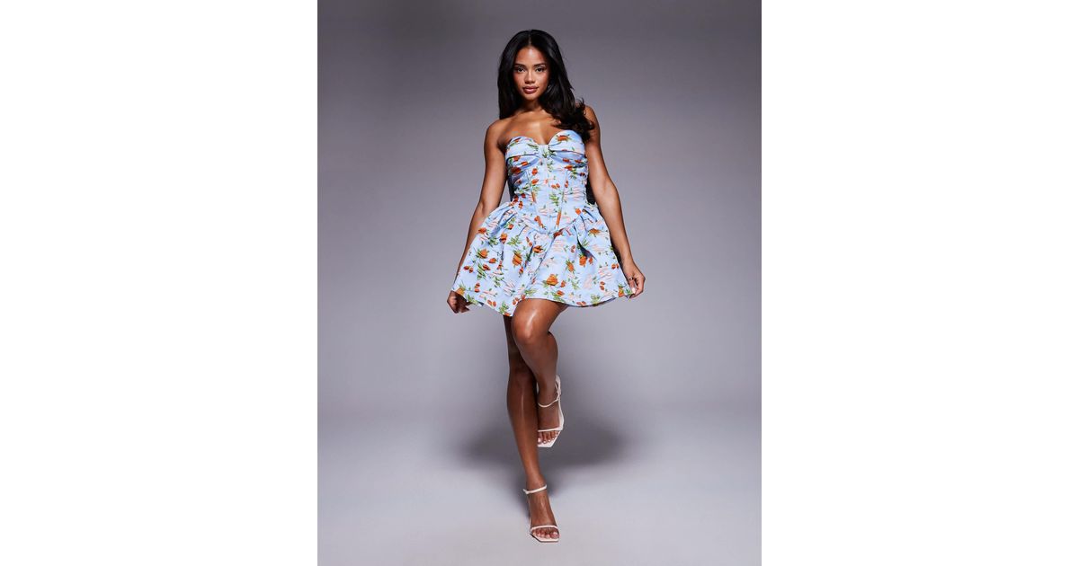 ASOS Jacquard Mini Dress With Corset And Bow Back in Blue | Lyst