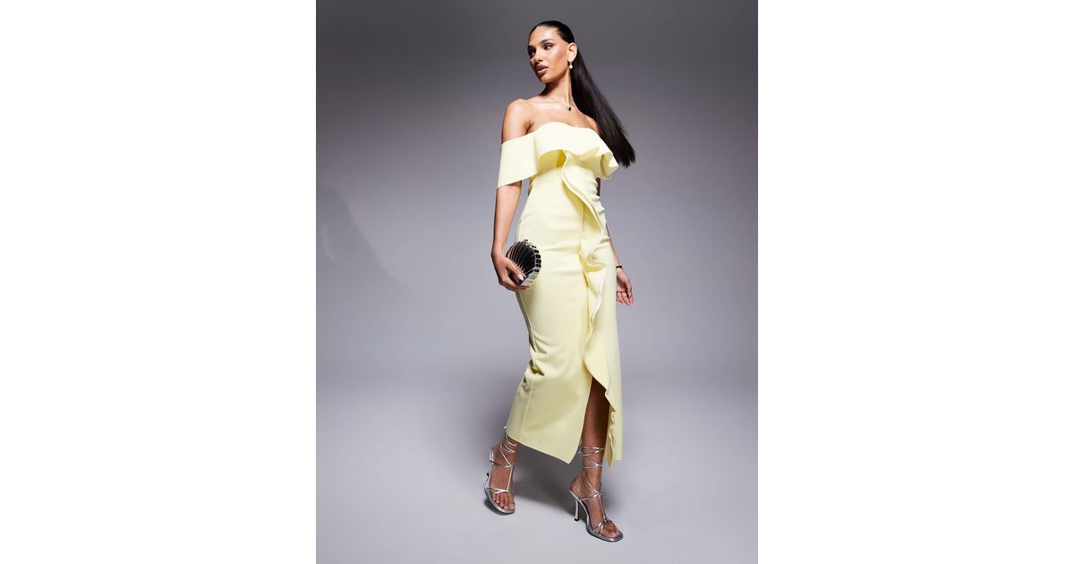 ASOS Bandeau With Frill Details Midi Dress in Yellow | Lyst