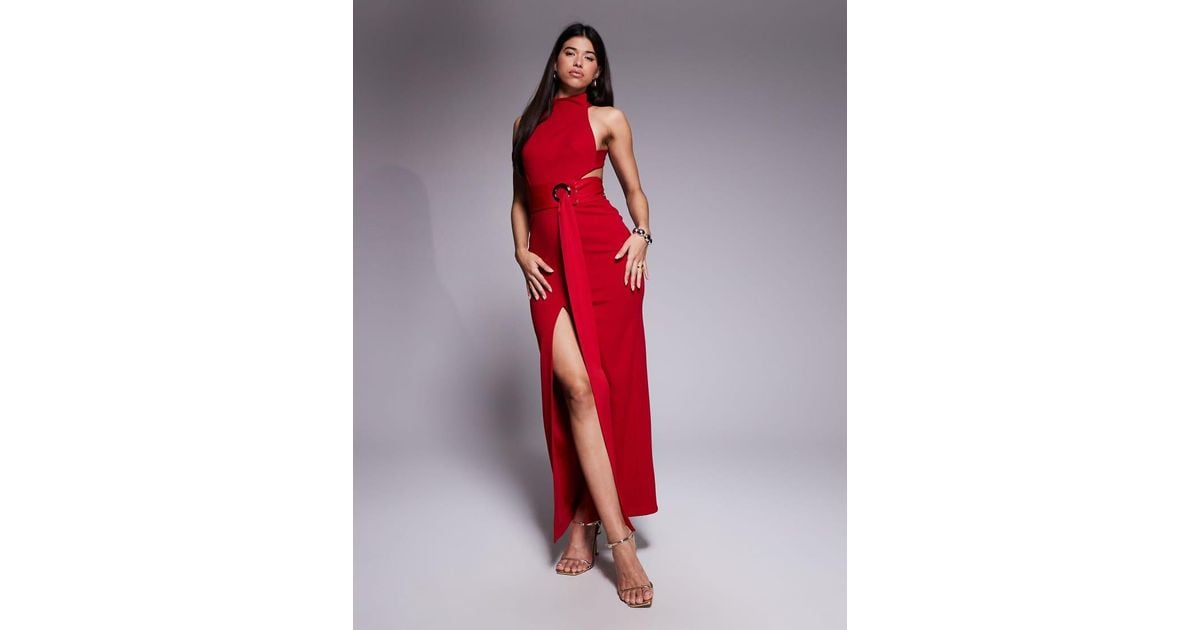 ASOS Halter Maxi Dress With Slit And Knot Belt in Red | Lyst UK