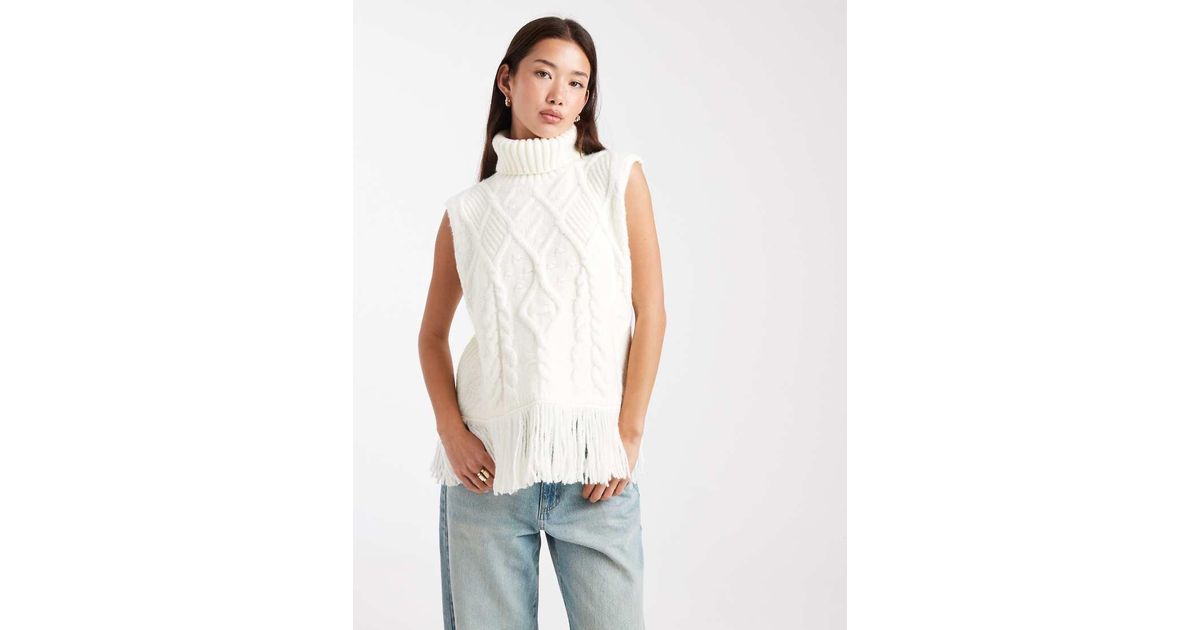 Miss Selfridge Cable Knit Oversized Fringe Tank in White | Lyst UK