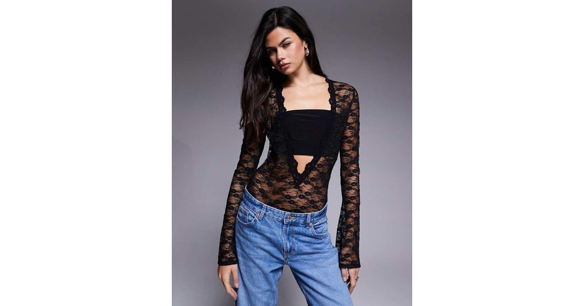 ASOS Sheer Lace Plunge Bodysuit With Bust Panel in Blue | Lyst UK