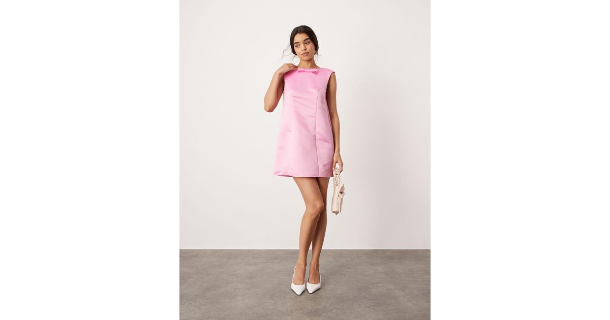 ASOS Structured Satin Mini Shift Dress With Bow in Pink | Lyst
