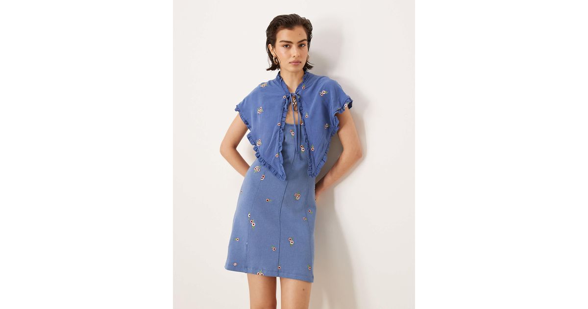 ASOS Embroidered Cape Detail Mini Dress in Blue | Lyst