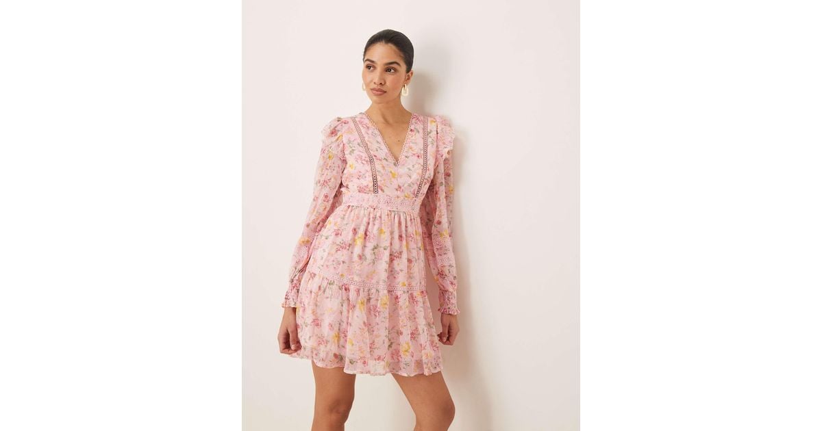 Vila Ladder Lace Frill Detail Mini Dress in Pink | Lyst