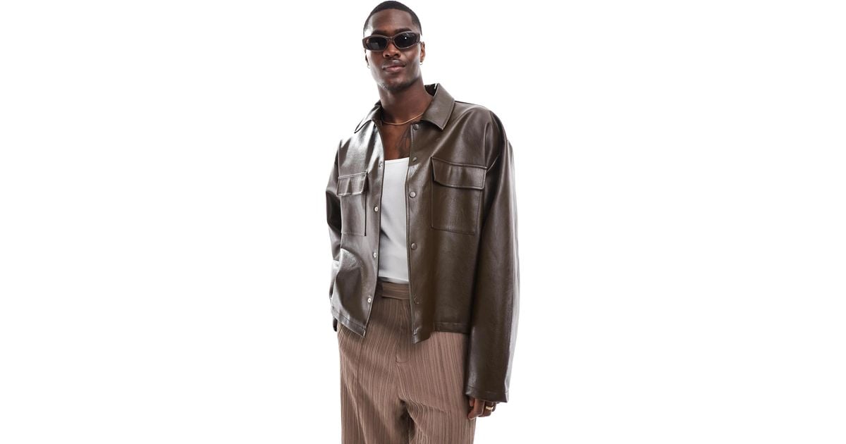 ASOS Oversized Faux Leather Boxy Harrington Jacket in Brown for Men | Lyst