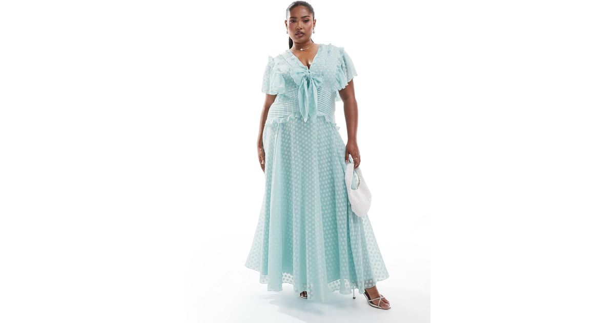 ASOS Asos Design Curve Flutter Sleeve Burnout Spot Jacquard Midi Dress With Tie Front in Blue | Lyst