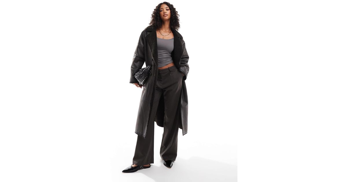 ASOS Longline Shearling Jacket With Contrast Binding in Black | Lyst