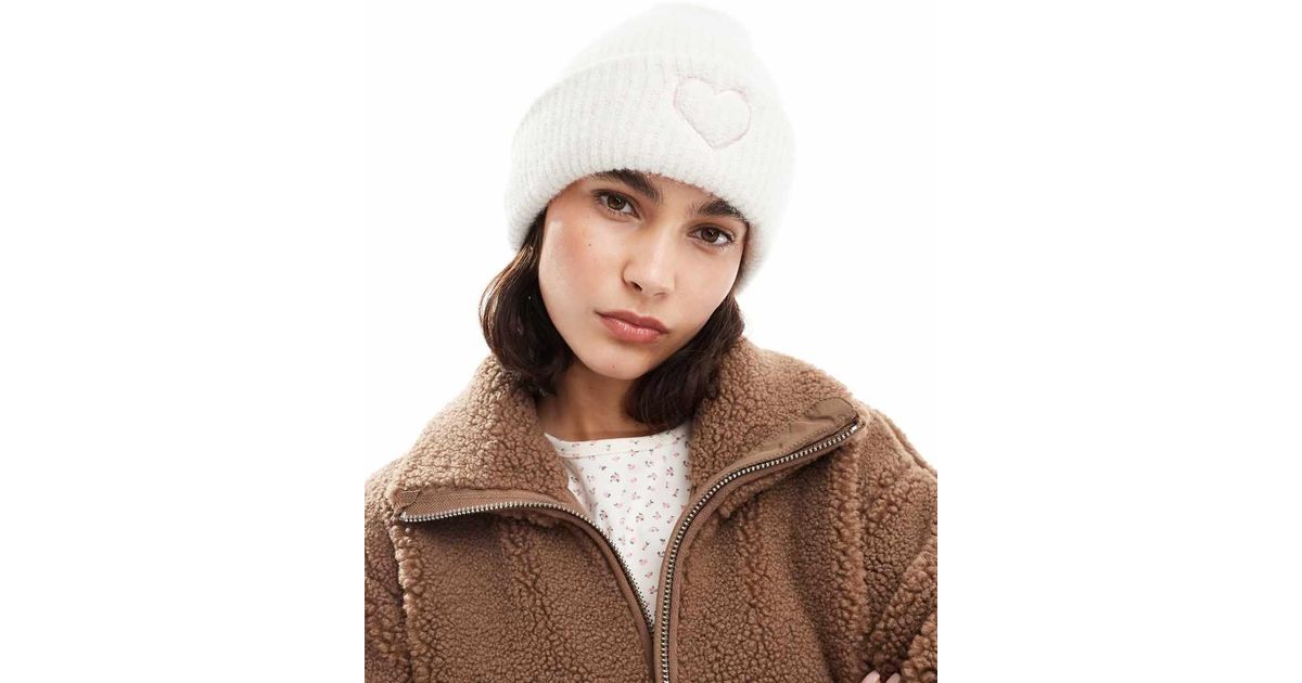 Miss Selfridge Knitted Beanie Hat With Heart Embroidery in Brown | Lyst UK