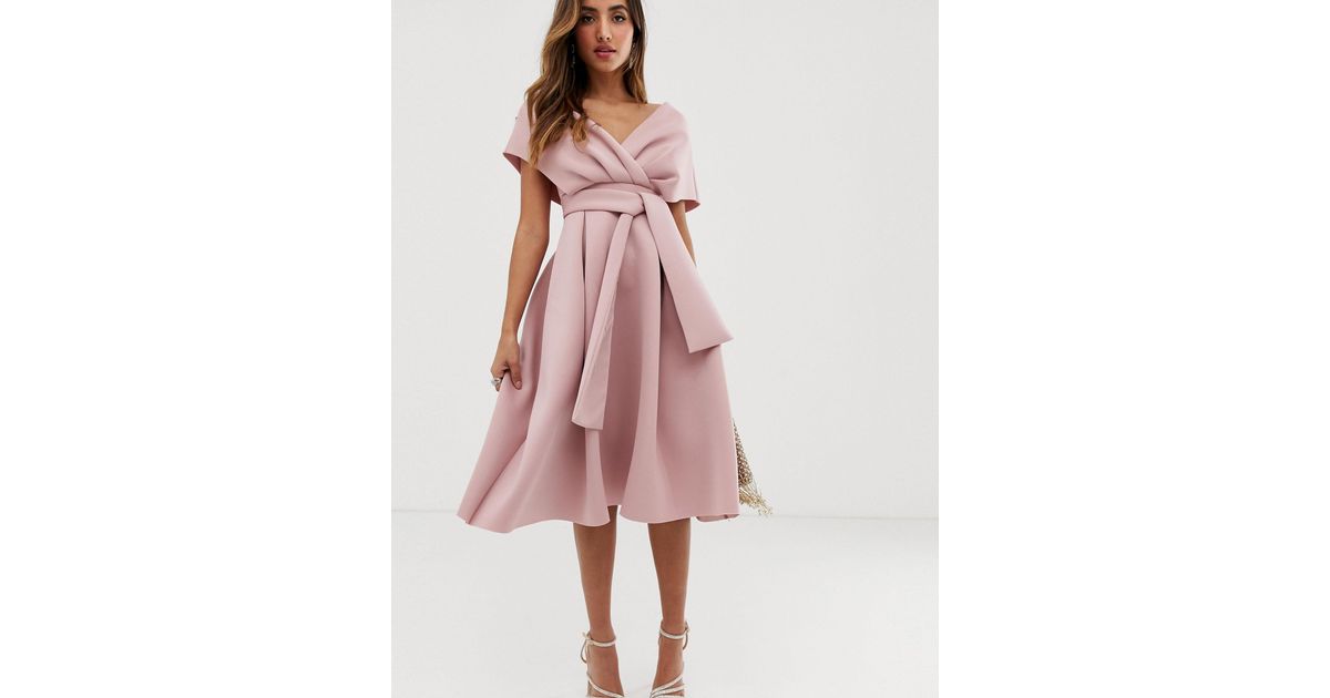 ASOS Fallen Shoulder Midi Prom Dress With Tie Detail in Pink | Lyst