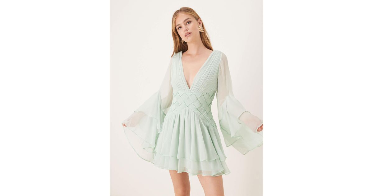 ASOS Ruffle Tiered Mini Dress With Weave Detail in Green | Lyst