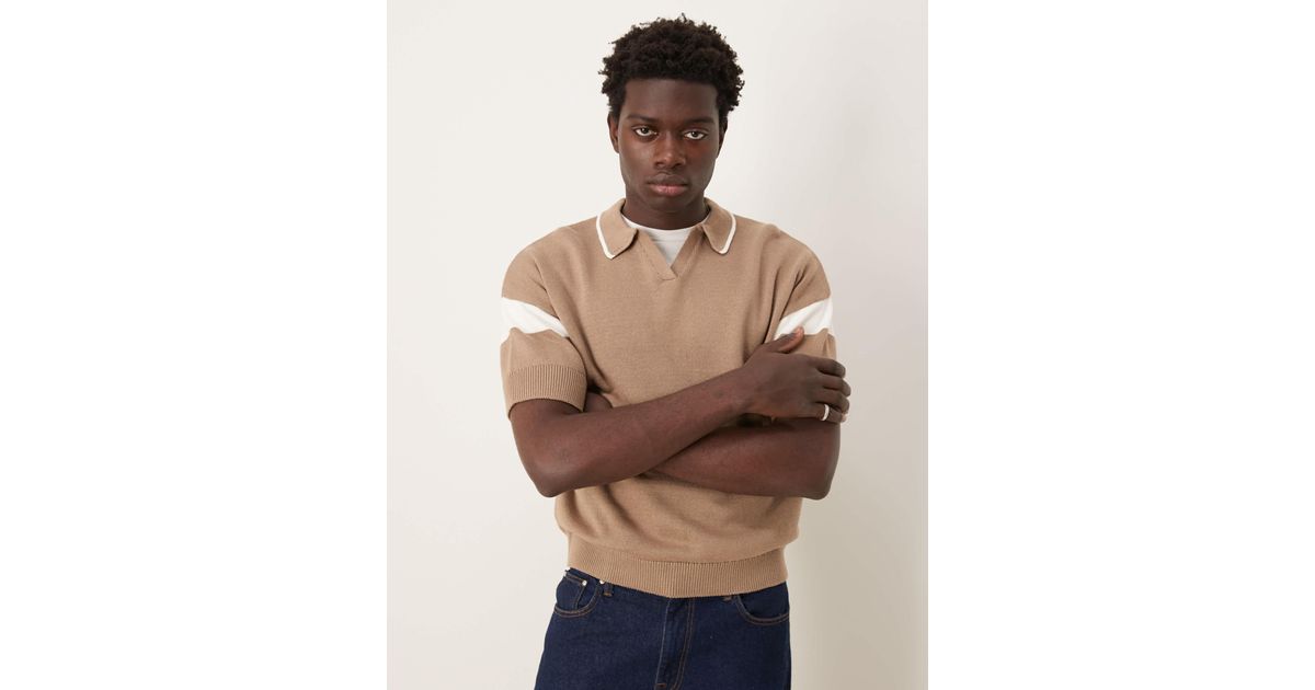 ASOS Relaxed Boxy Fit Notch Neck Polo With Sleeve Panel in Natural for ...