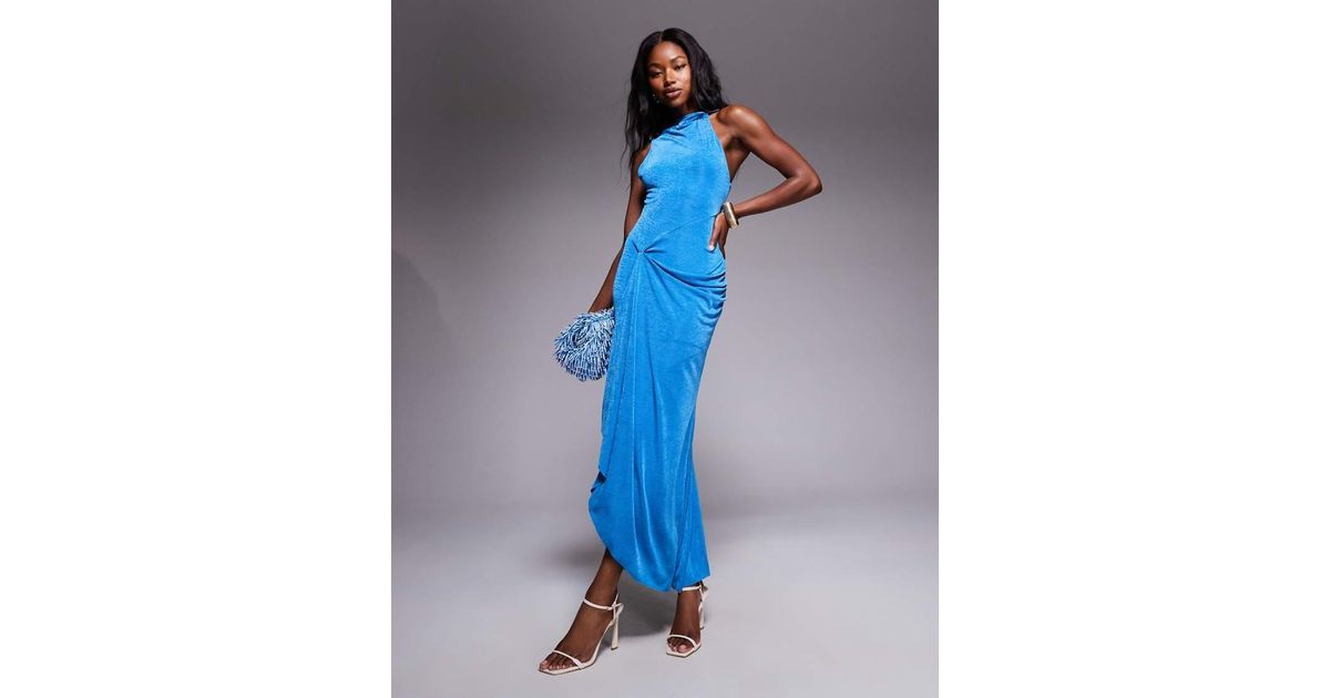 ASOS High Neck Maxi Slinky Dress With Drape in Blue | Lyst UK