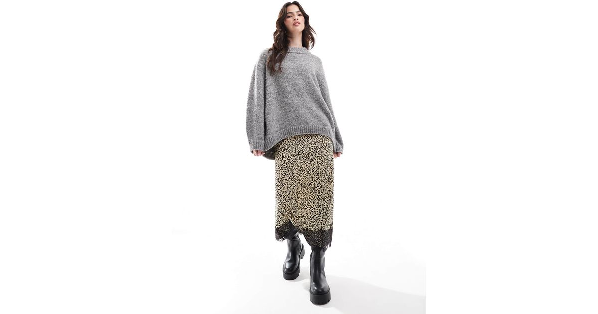 Wednesday's Girl Lace Trim Leopard Print Midi Skirt in Gray | Lyst