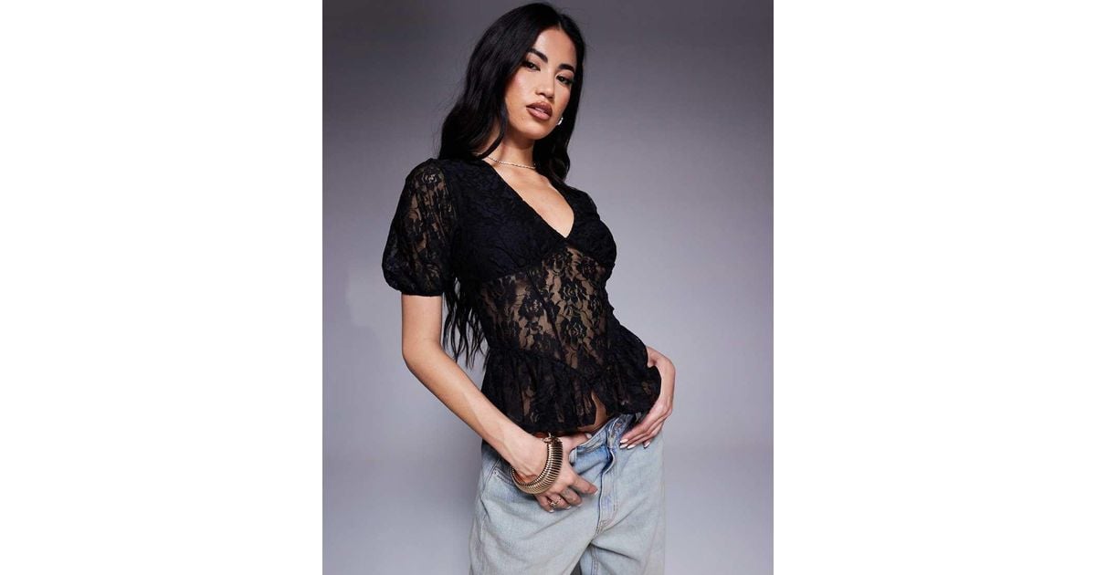 ASOS Lace Puff Sleeve Seam Detail Top in Black | Lyst UK