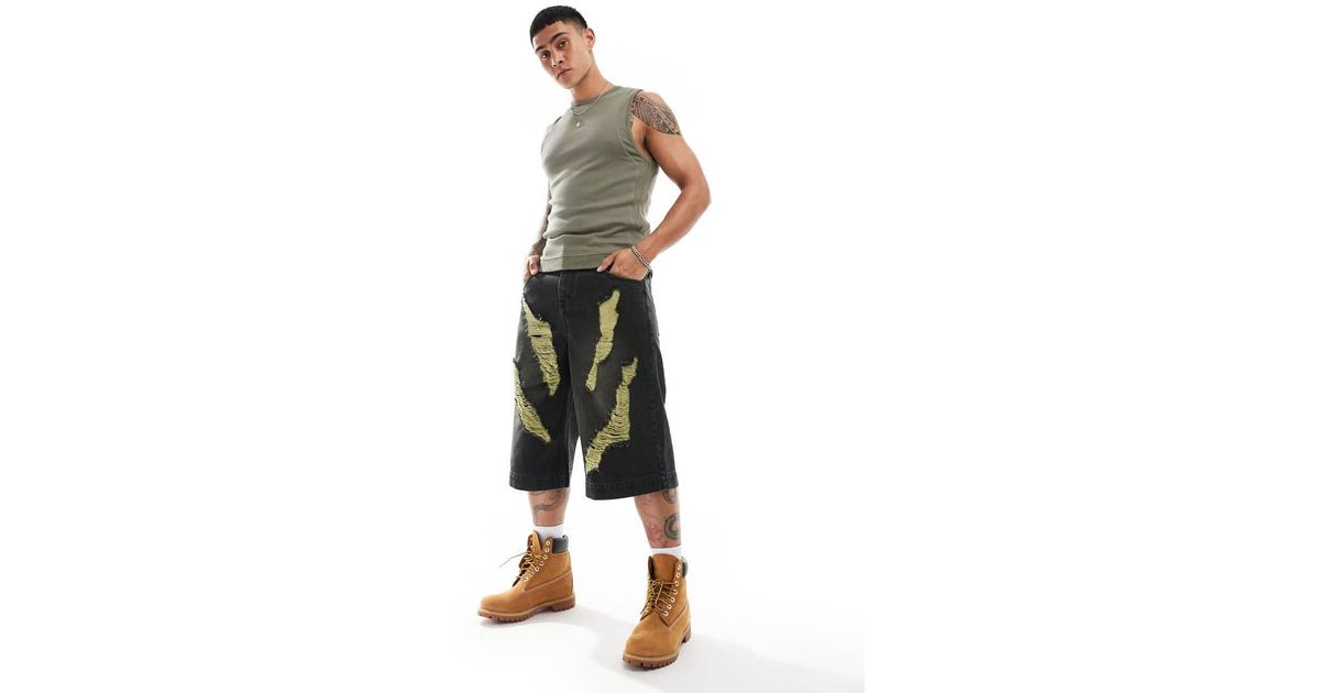 ASOS Longer Length Denim Jorts With Heavy Rips in Green for Men | Lyst UK