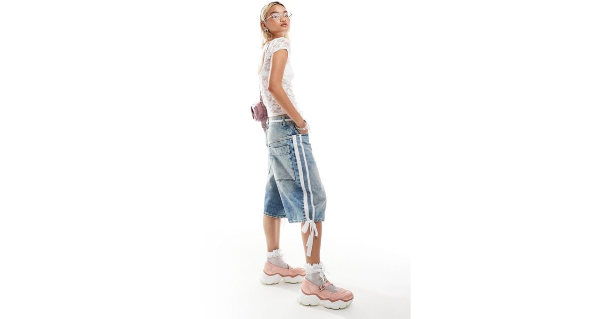 Collusion Iconic Denim Skater Jorts With Bow Side Stripe in Blue | Lyst