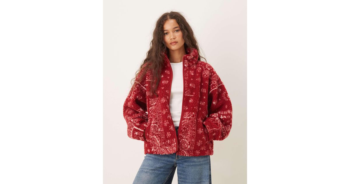 ASOS Borg Zip Through Fleece With Bandana Print in Red | Lyst