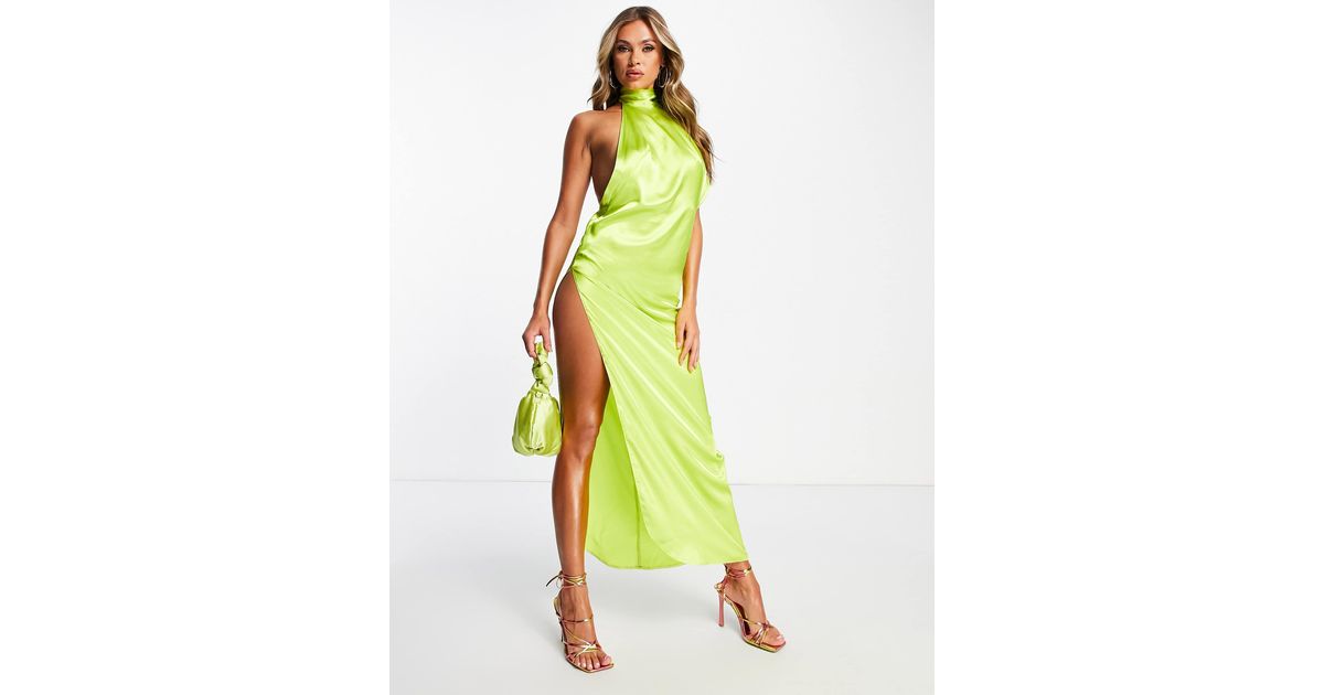 First Distraction The Label Satin Maxi Dress With Open Back in Green | Lyst