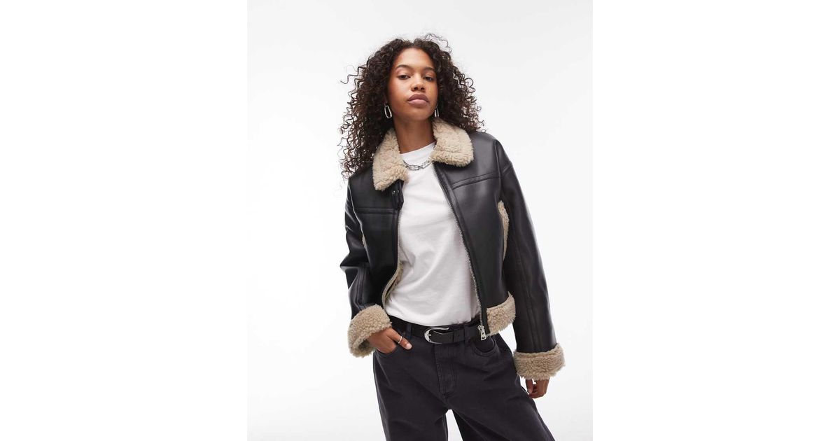 TOPSHOP Faux Leather Shearling Fitted Aviator Jacket in Black | Lyst UK
