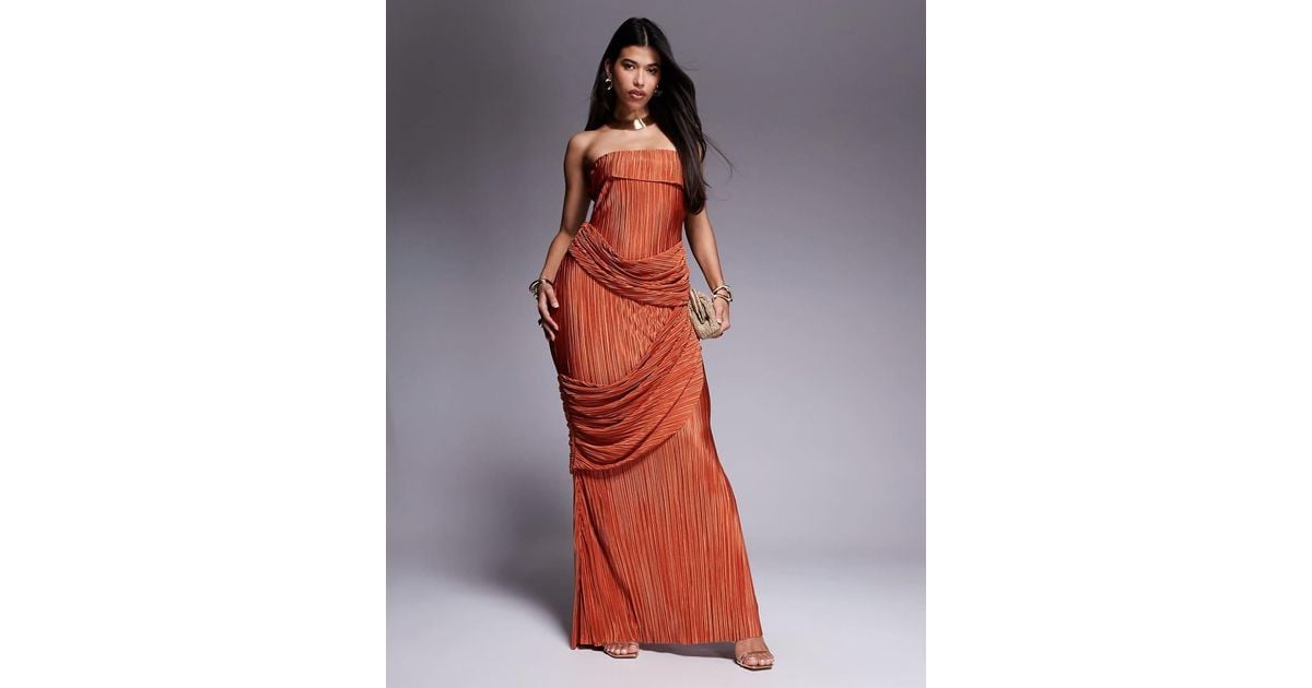 ASOS Premium Plisse Bandeau Maxi Dress With Draped Panels in Red | Lyst UK