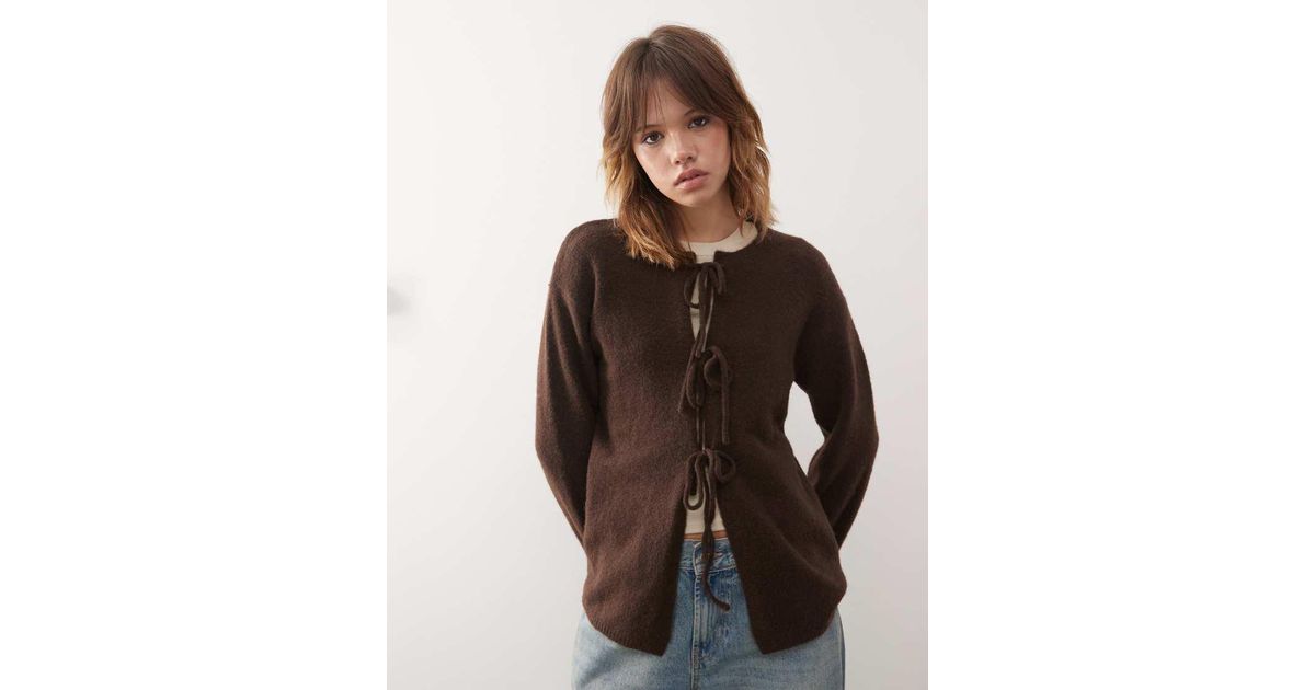 Monki Knit Bow Tie Up Cardigan in Brown | Lyst UK