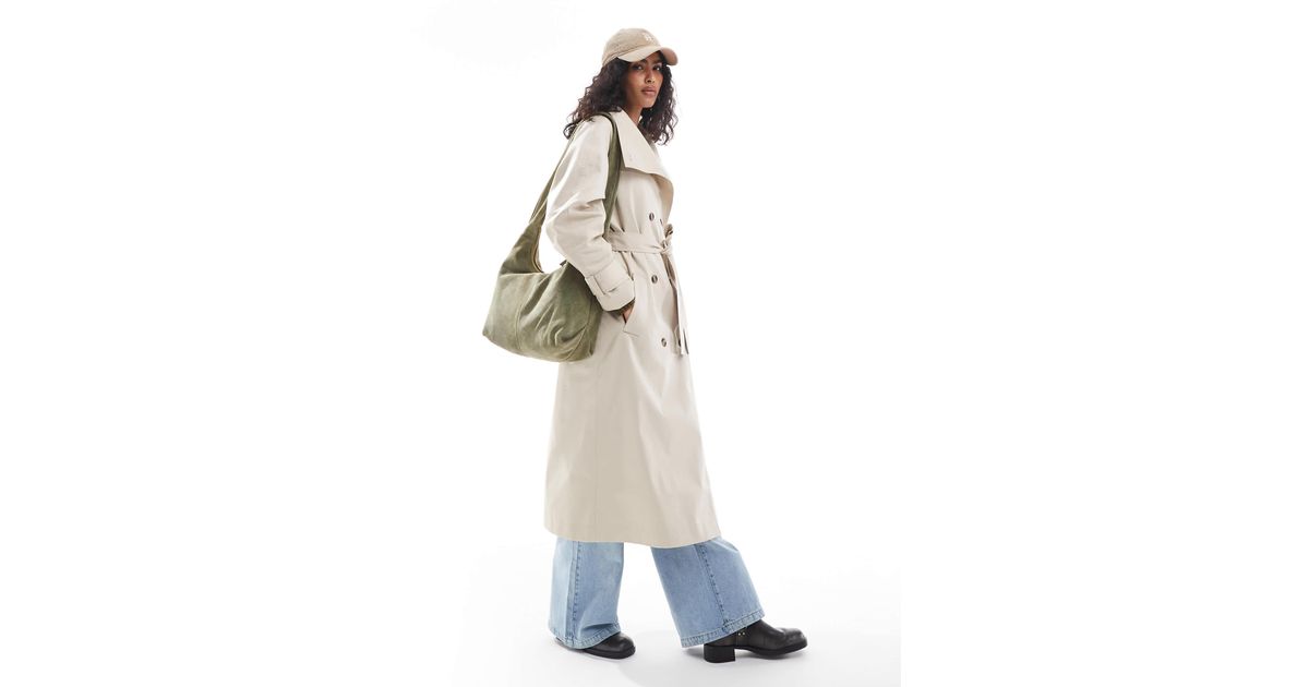ASOS Longline Funnel Neck Trench Coat in White | Lyst
