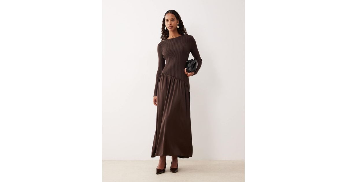 ASOS Satin Maxi Dress With Woven Trim in Brown | Lyst