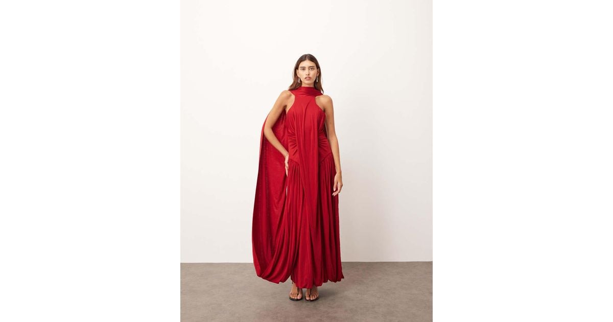 ARRANGE Scarf Neck Draped Hem Open Back Maxi Dress in Red | Lyst UK