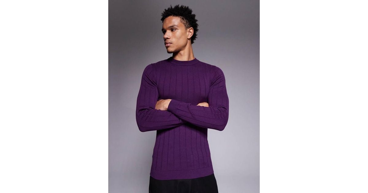 ASOS Muscle Fit Long Sleeve Knitted Rib T-shirt in Purple for Men | Lyst UK