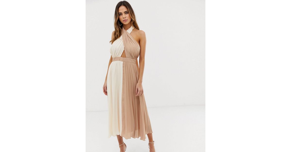 Asos Twist Neck Pleated Midi Halter Dress Lyst