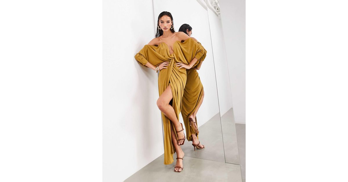 ASOS Extreme Plunge Draped Long Sleeve Maxi Dress in Metallic | Lyst
