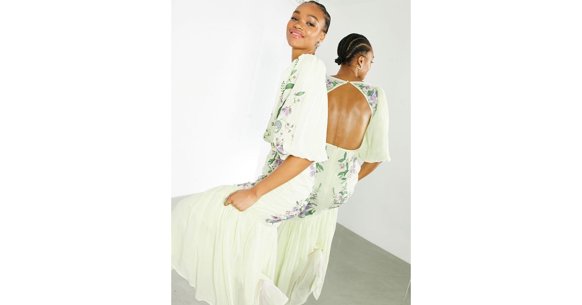 ASOS Floral Embroidered Tiered Maxi Dress in Yellow - Lyst