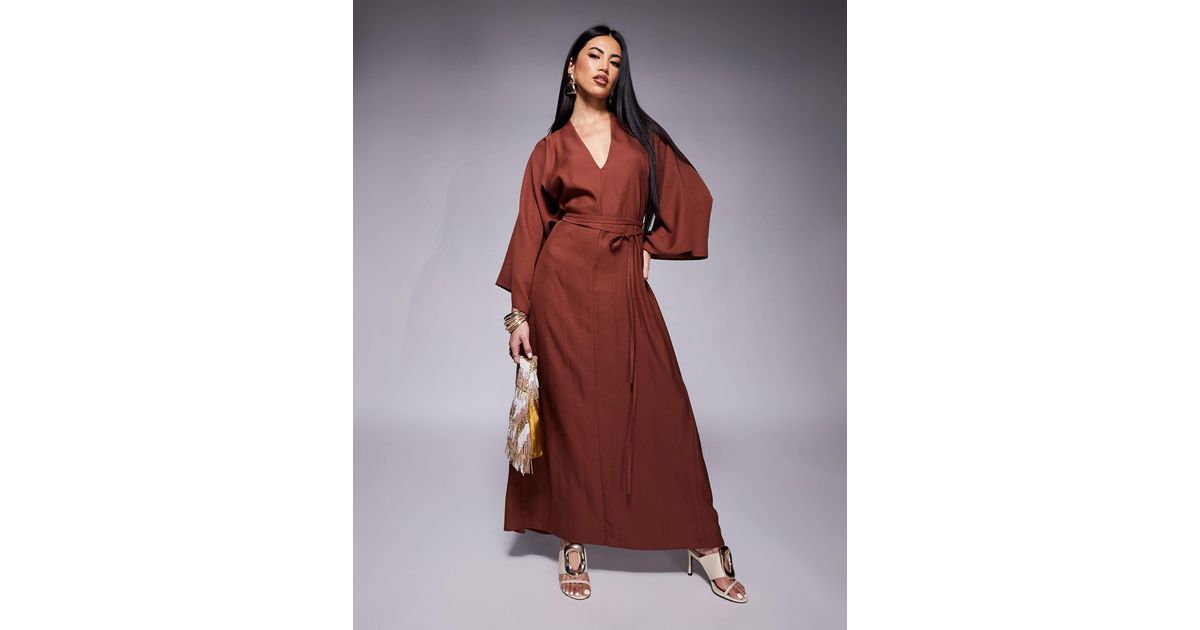 ASOS Kimono Wrap Around Midi Dress in Brown | Lyst