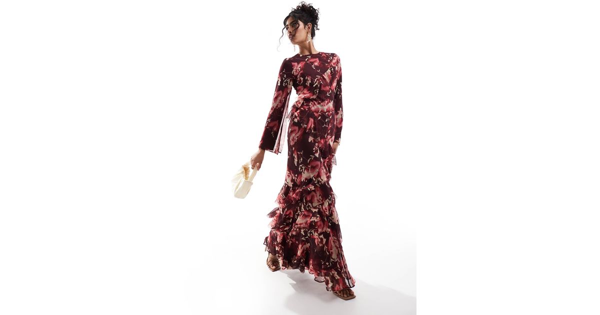 ASOS Fluted Long Sleeve Extreme Ruffle Maxi Dress in Red | Lyst