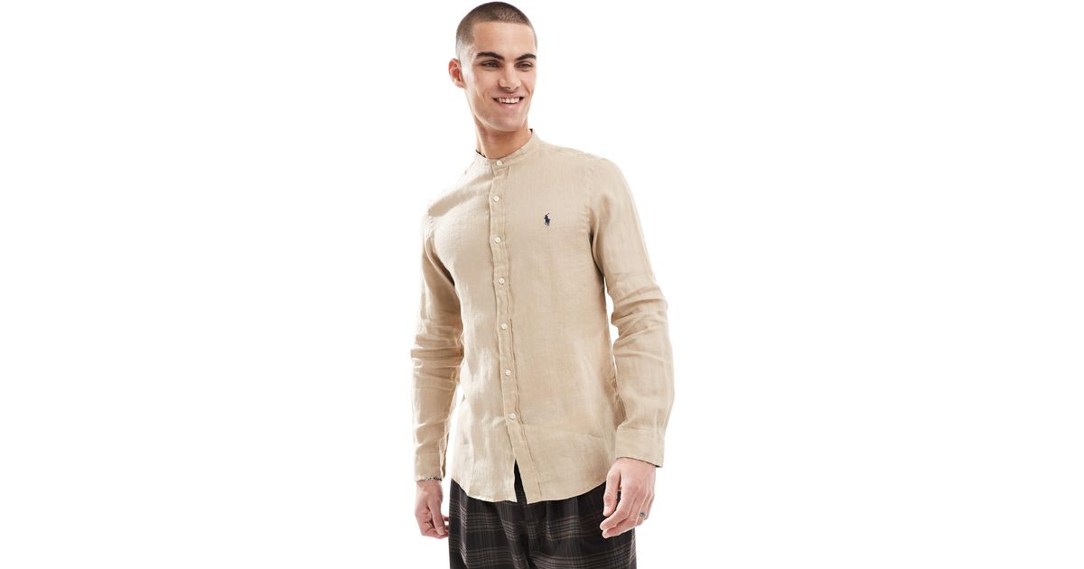 Polo Ralph Lauren Icon Logo Slim Fit Grandad Collar Linen Shirt in Natural for Men | Lyst