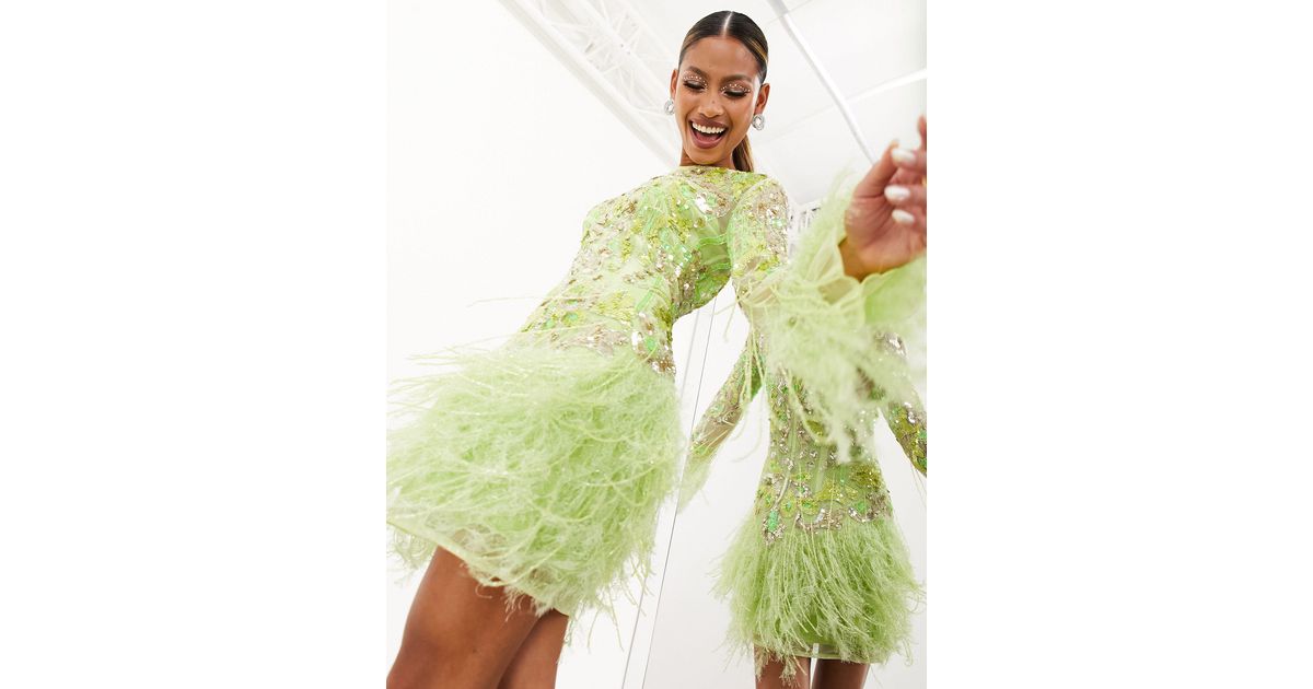 ASOS Embellished Sequin And Fringe Mini Dress With Faux Feather Hem in Green | Lyst