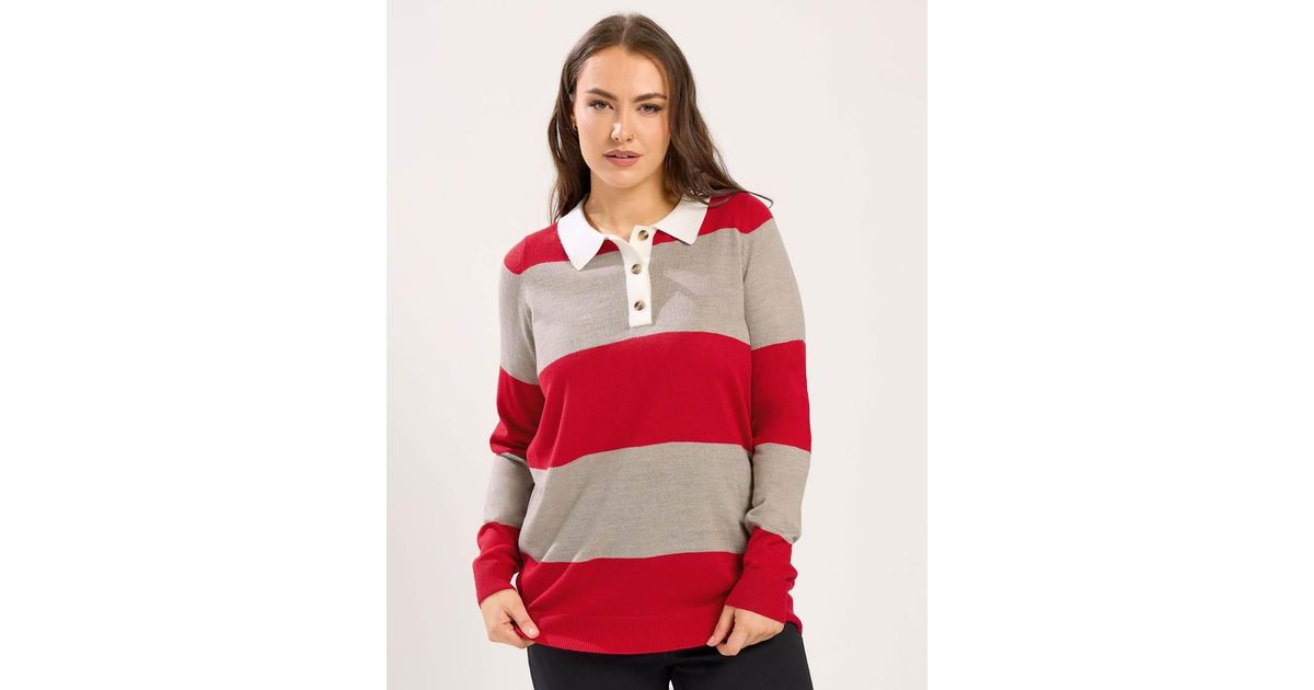 Yours Clothing Stripe Rugby Collar Jumper in Red | Lyst UK
