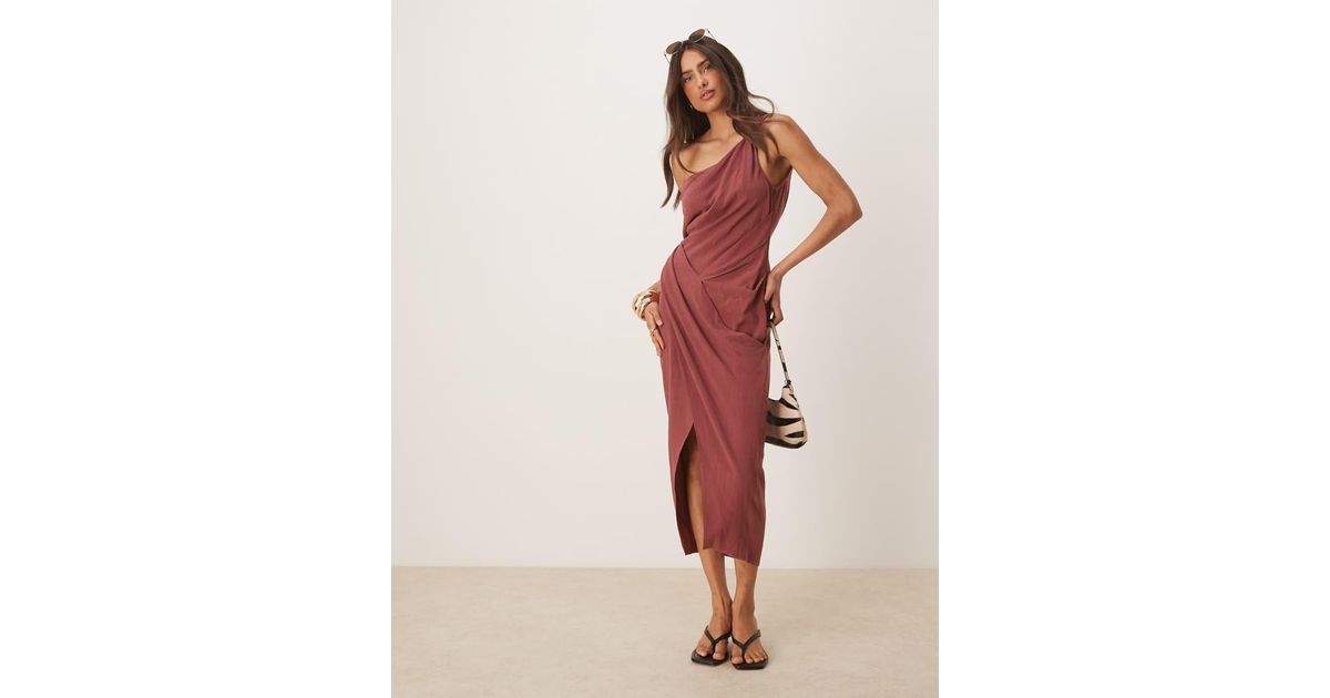 ASOS Linen Blend Fallen Twisted Shoulder Wrap Skirt Detail Midi Dress ...
