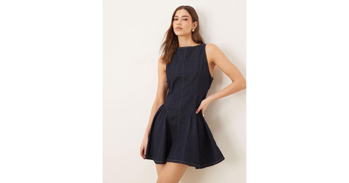 ASOS Denim Mini Dress With Gathered Hip Panels in Blue | Lyst