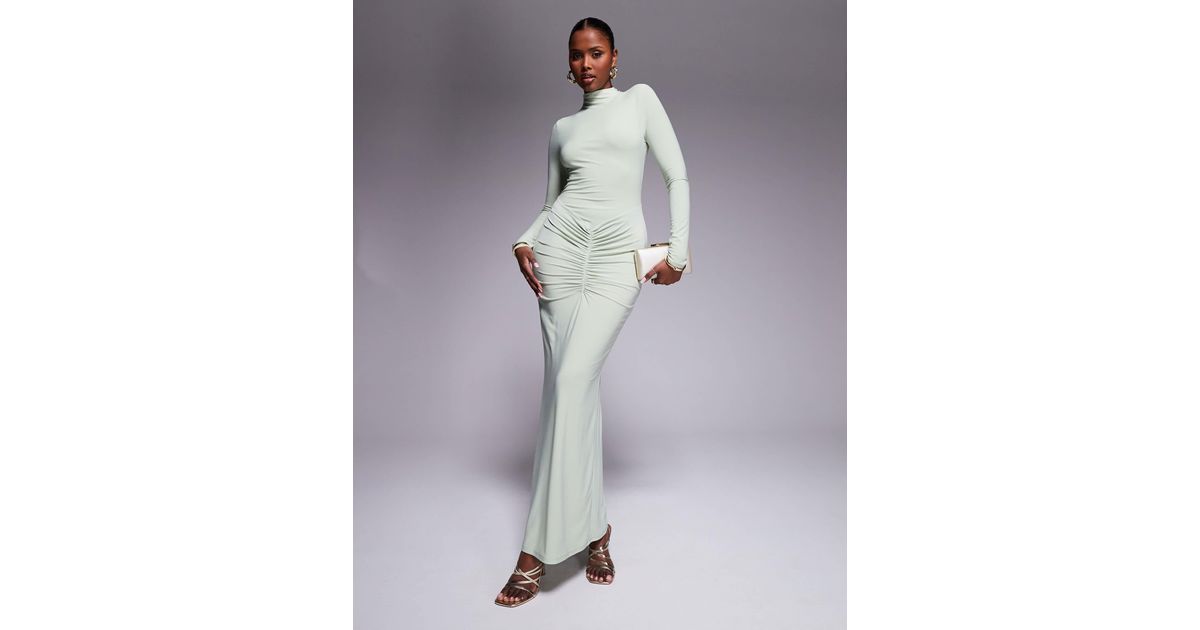 ASOS Long Sleeve High Neck Maxi Dress With Central Ruched Detail in ...