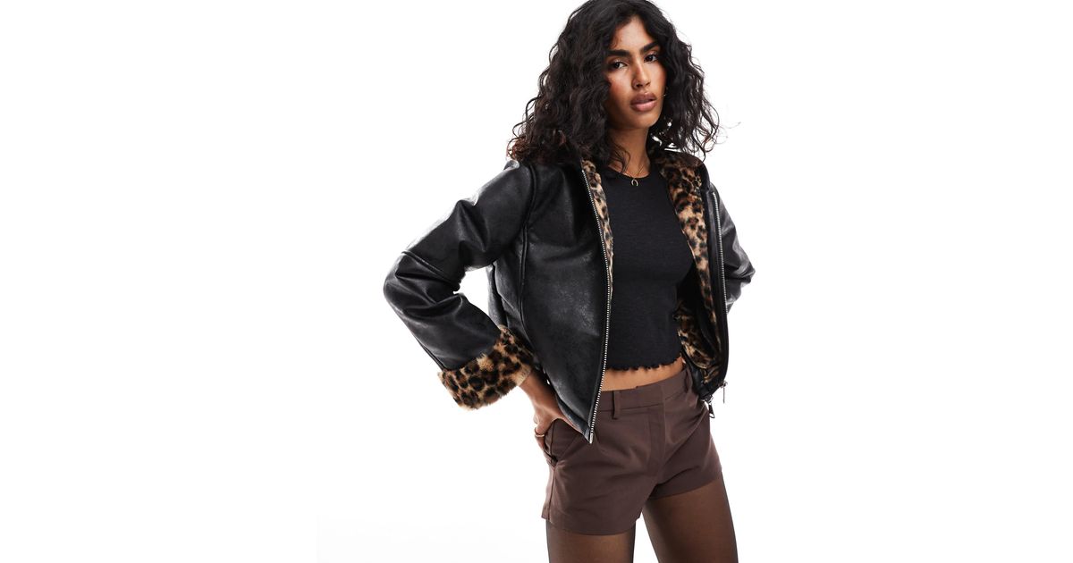 ASOS Leopard Print Bonded Hooded Faux Fur Jacket in Black | Lyst