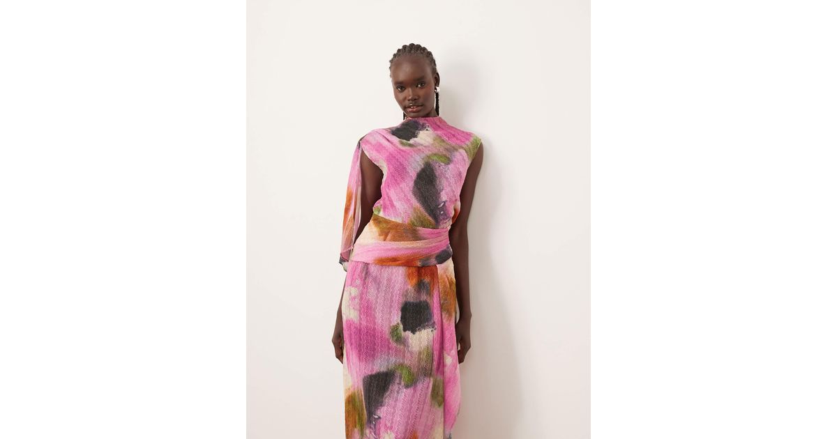 ARRANGE Plisse High Neck Drape Detail Sheer Midi Dress in Pink | Lyst