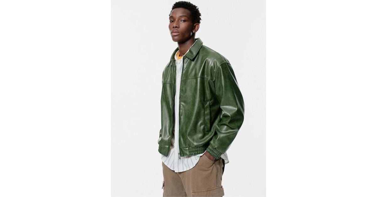 Pull&Bear Leather Effect Jacket in Green for Men | Lyst UK