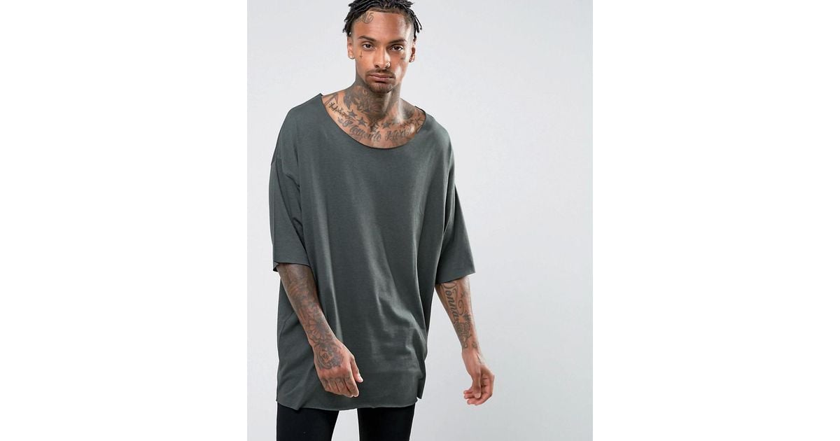 Asos Super Oversized T Shirt With Scoop Neck And Raw Edges In Green For